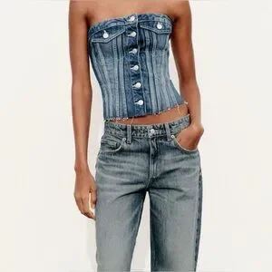 Zara | Tops | Zara Blue Corset Style Denim Tube Top With Back Stretch ...